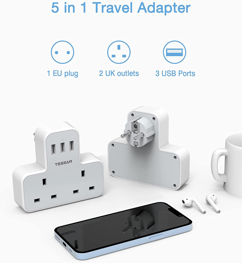 TESSAN UK to European Plug Adapter with 2 AC outlets USB ports