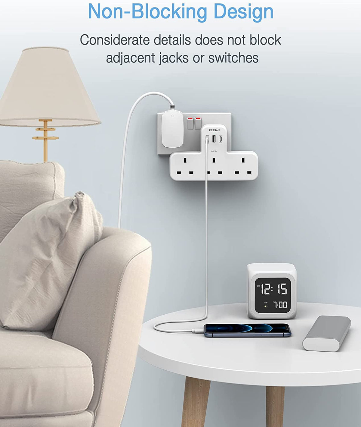 Plug Extension 3 Way Plug Adapter UK with Multi USB Plug