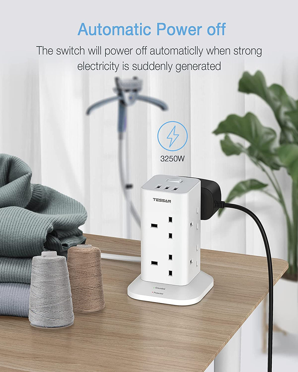 Power Strip Tower 10M 8 Way Multi Plug Extension Socket Tower