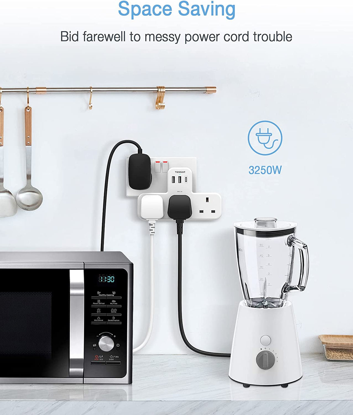 Plug Extension 3 Way Plug Adapter UK with Multi USB Plug