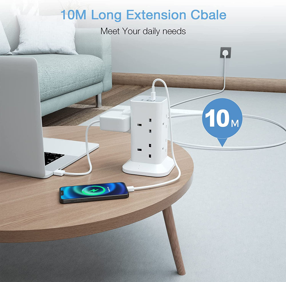 Power Strip Tower 10M 8 Way Multi Plug Extension Socket Tower