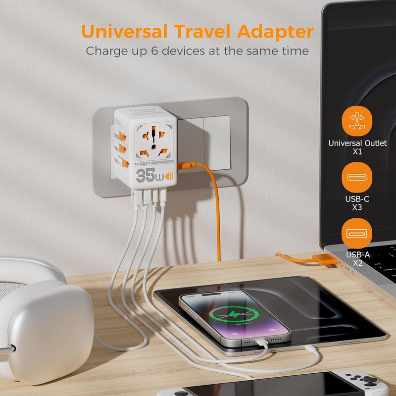 TESSAN 35W Universal Travel Adapter with 3 USB C and 2 USB A Charging