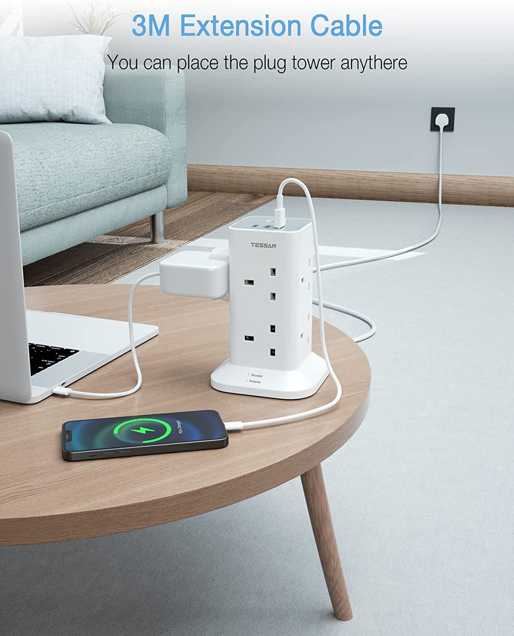 Power Strip Tower 3M Extension Cable 8 Way 3 USB Ports